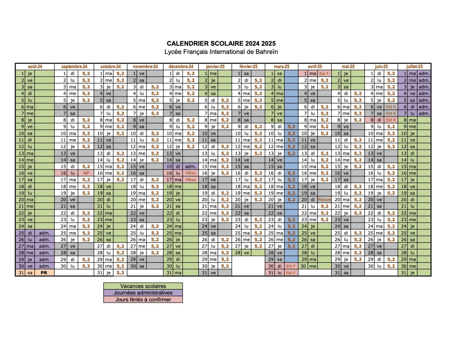 2024-2025 Calendar - French International School of Bahrain